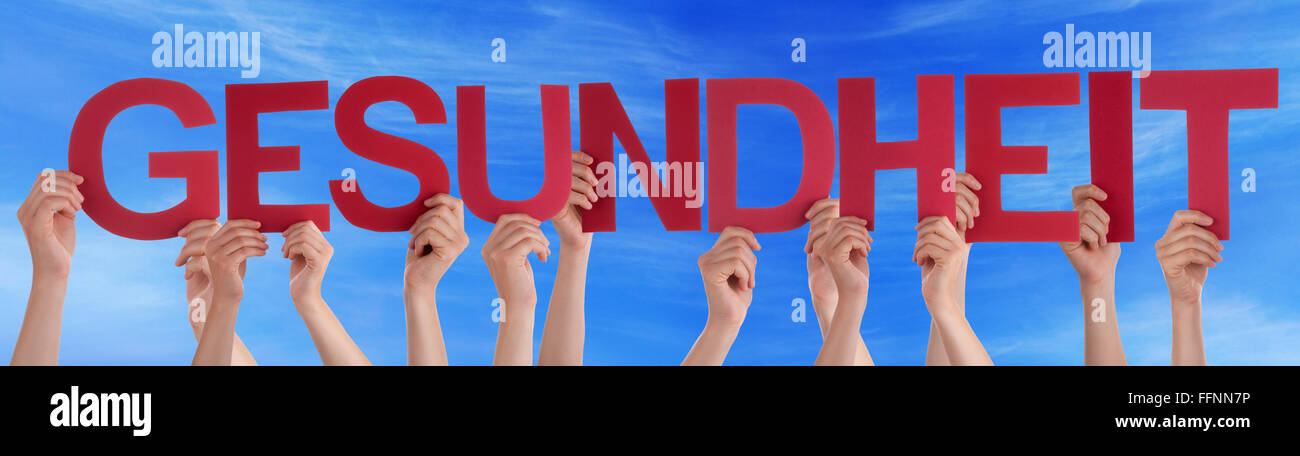 People Holding Straight German Word Gesundheit Means Health Blue Stock ...