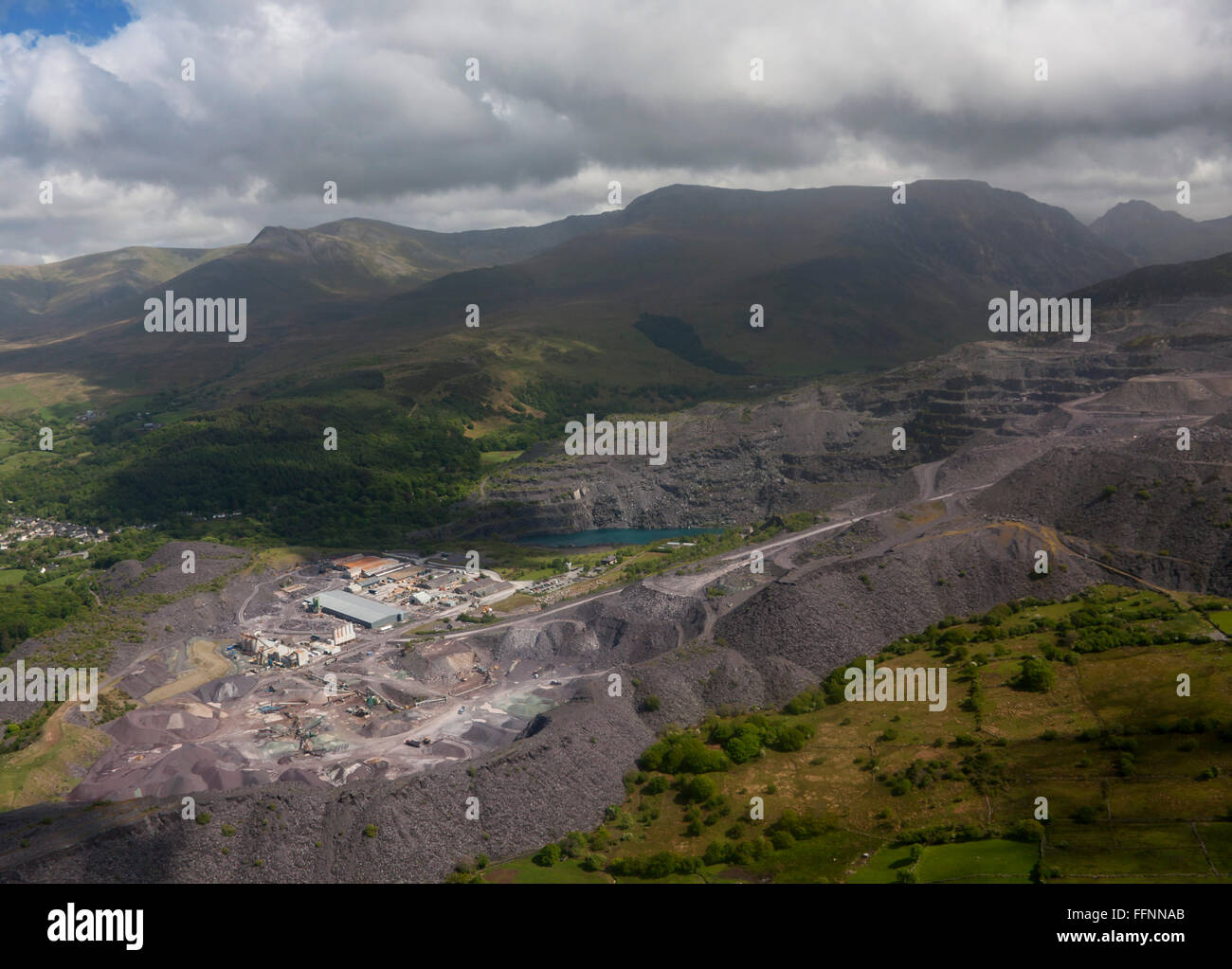 Aerial view of Penrhyn Slate Quarry and Carneddau mountain range ...