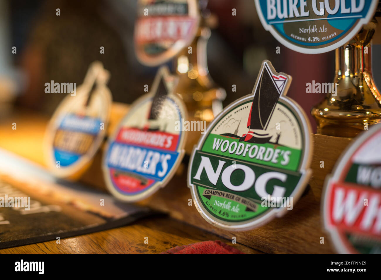 Beer pump labels at The Fur and Feather Inn at Woodeforde's Brewery ...