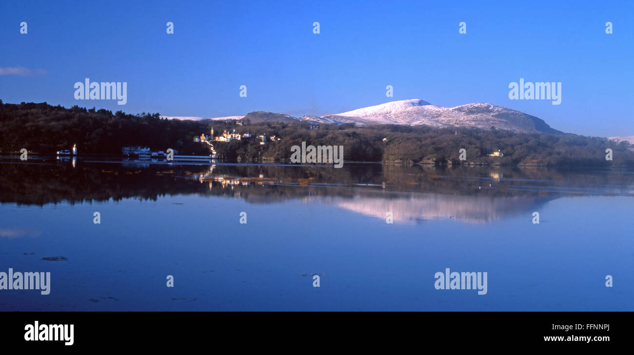 Portmeirion village and Moel Hebog mountain in snow Gwynedd North Wales ...