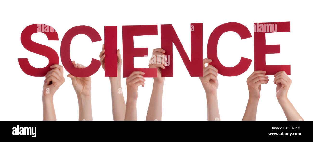 Many People Hands Holding Red Straight Word Science Stock Photo - Alamy