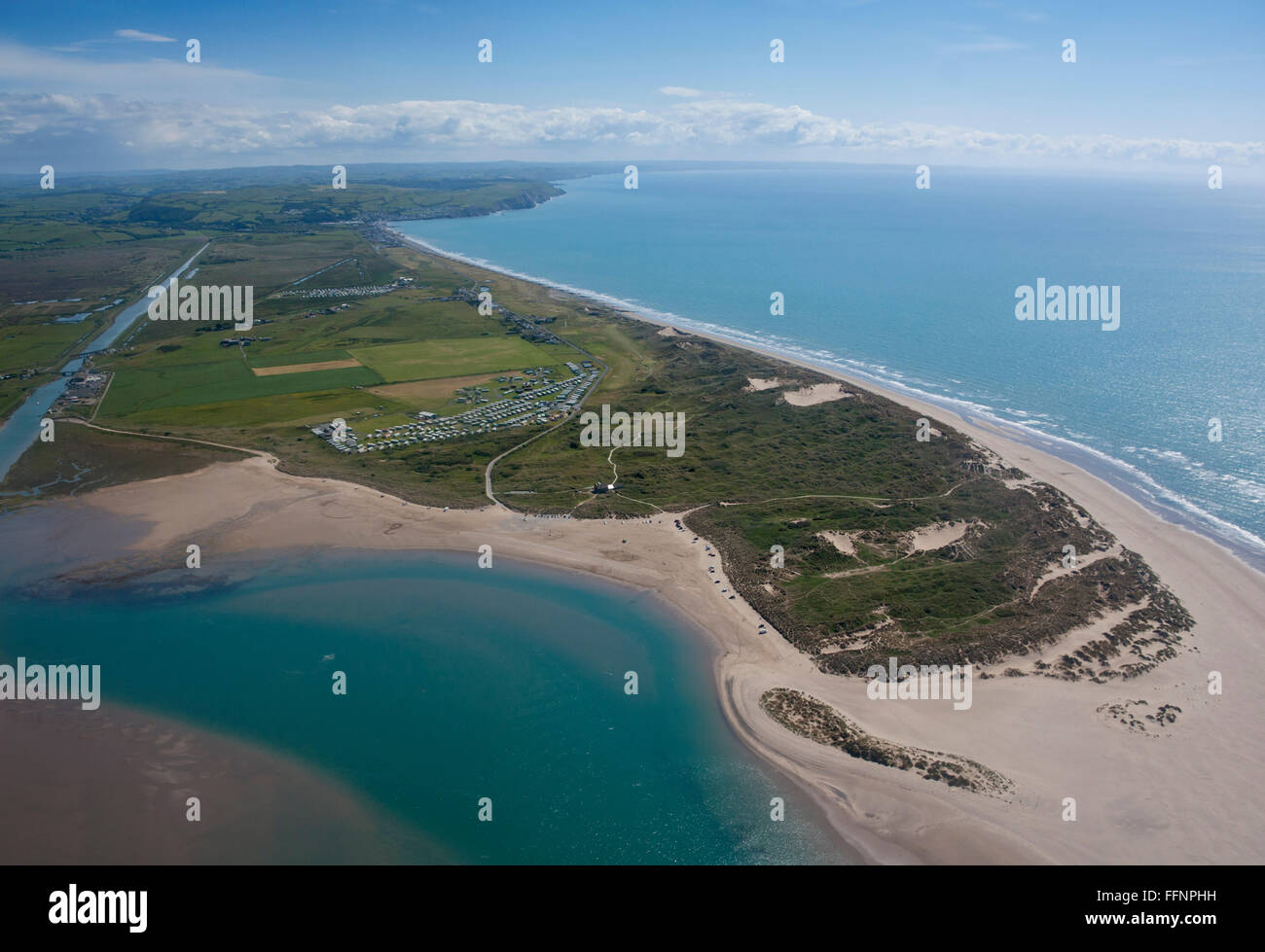 Ynyslas sand dunes and beach aerial view Dovey Dyfi estuary Cardigan ...