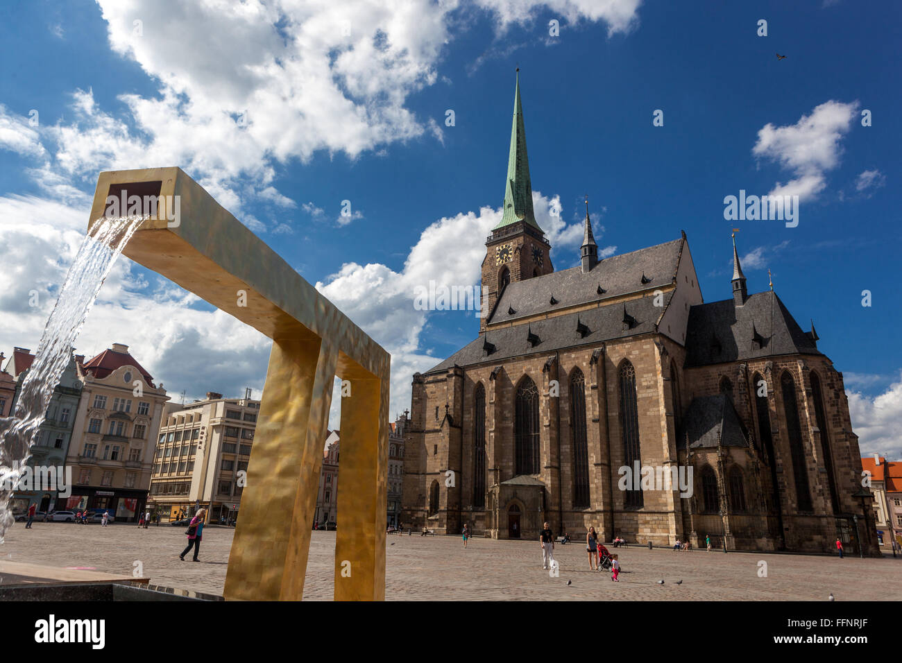 Plzen the fountain on Republic Square, Cathedral of St. Bartholomew ...