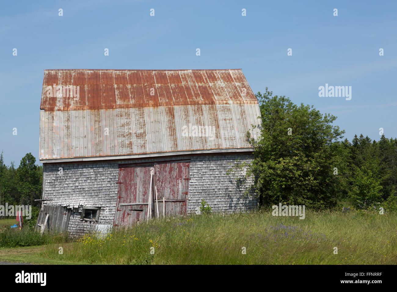 A barn in Nova Scotia, Canada. The aged agricultural building is made ...