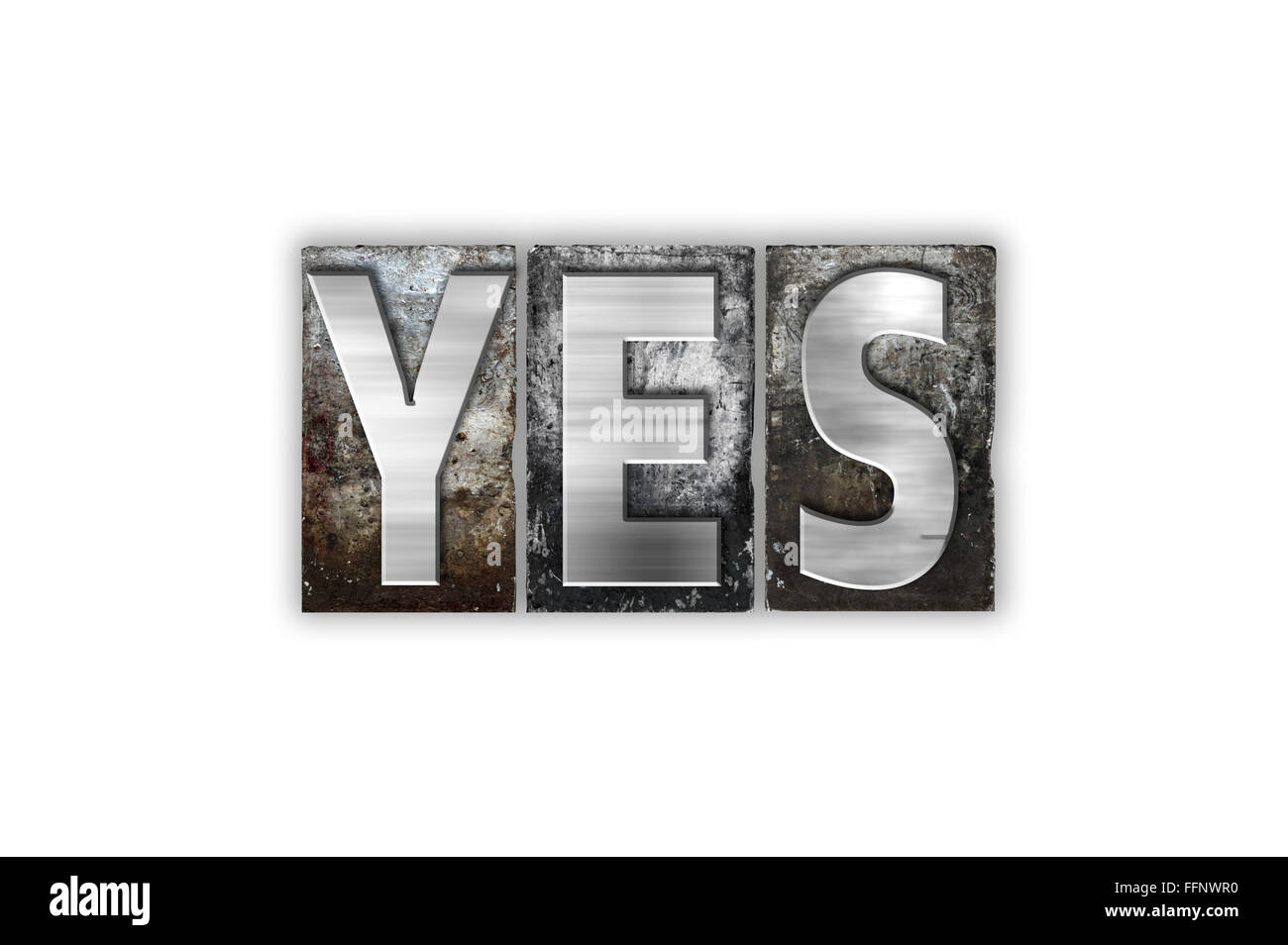 The word "Yes" written in vintage metal letterpress type isolated on a ...