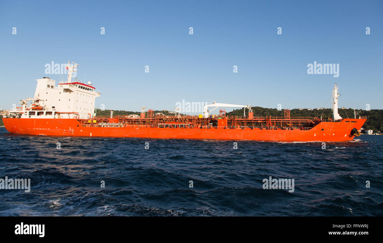 Orange Tanker Ship Passing in Bosphorus Strait Stock Photo - Alamy