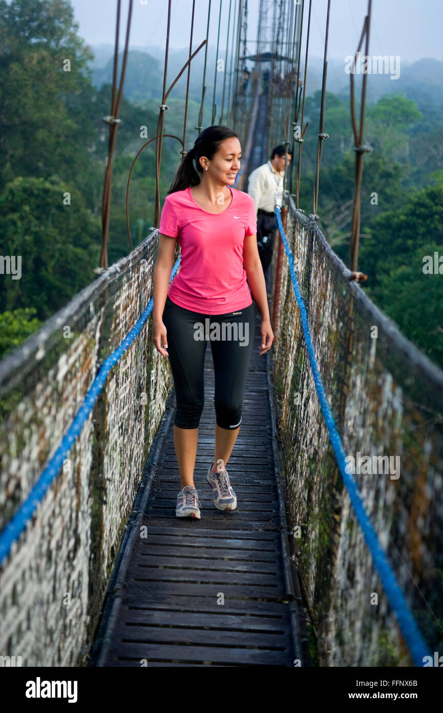 Visitors crossing crossing canopy bridge over Amazon Rani Forest in ...