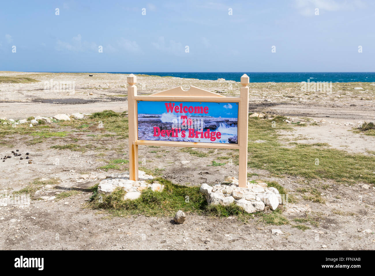 Welcome sign at Devil's Bridge, a natural coastal rock formation and ...