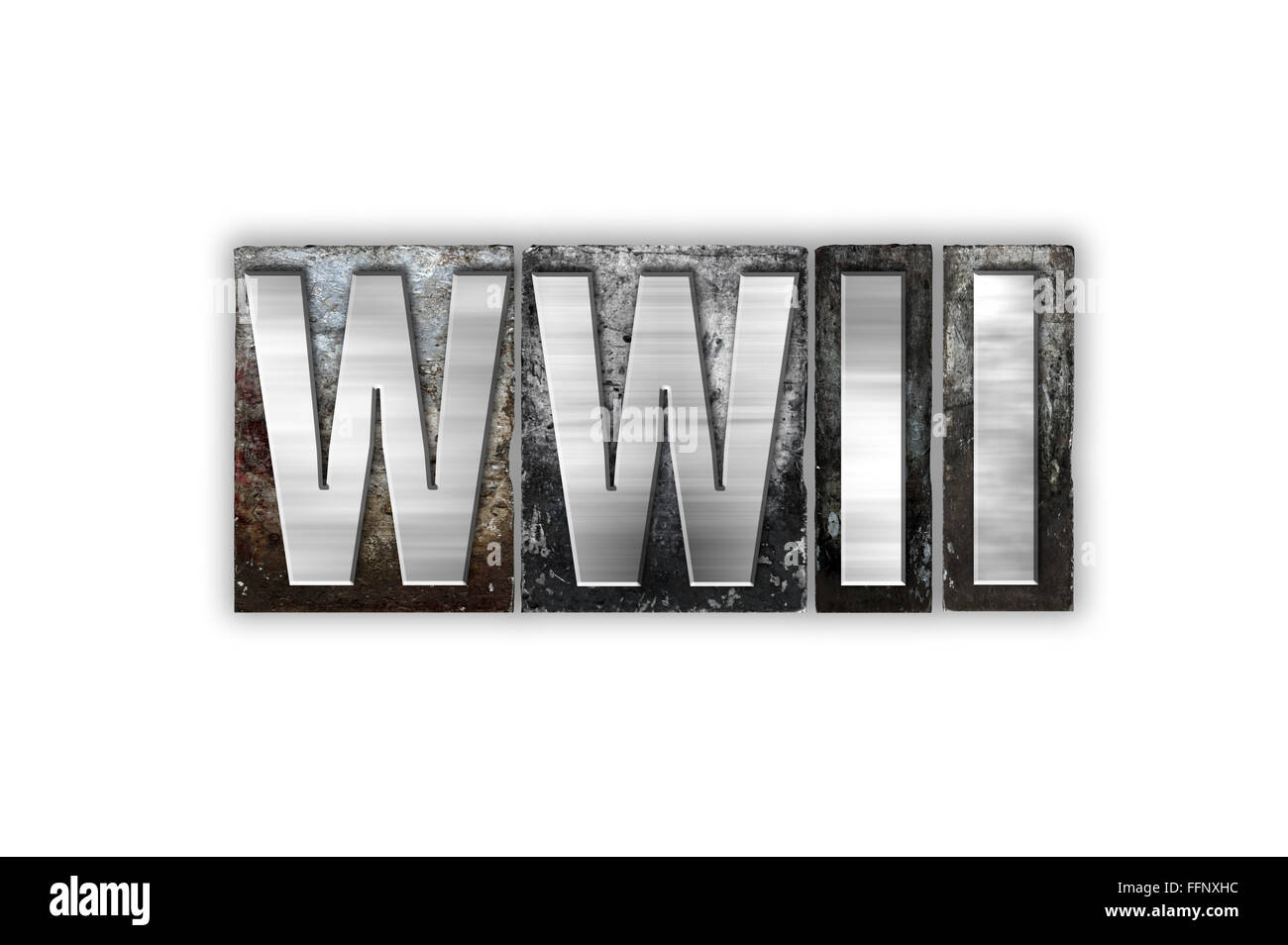 The word "WWII" written in vintage metal letterpress type isolated on a ...
