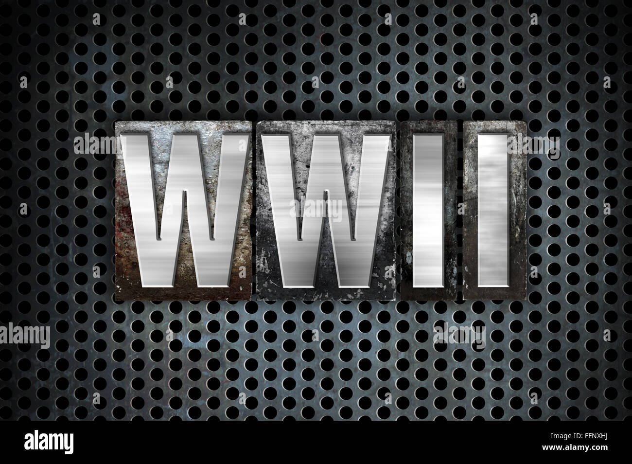 The word "WWII" written in vintage metal letterpress type on a black ...