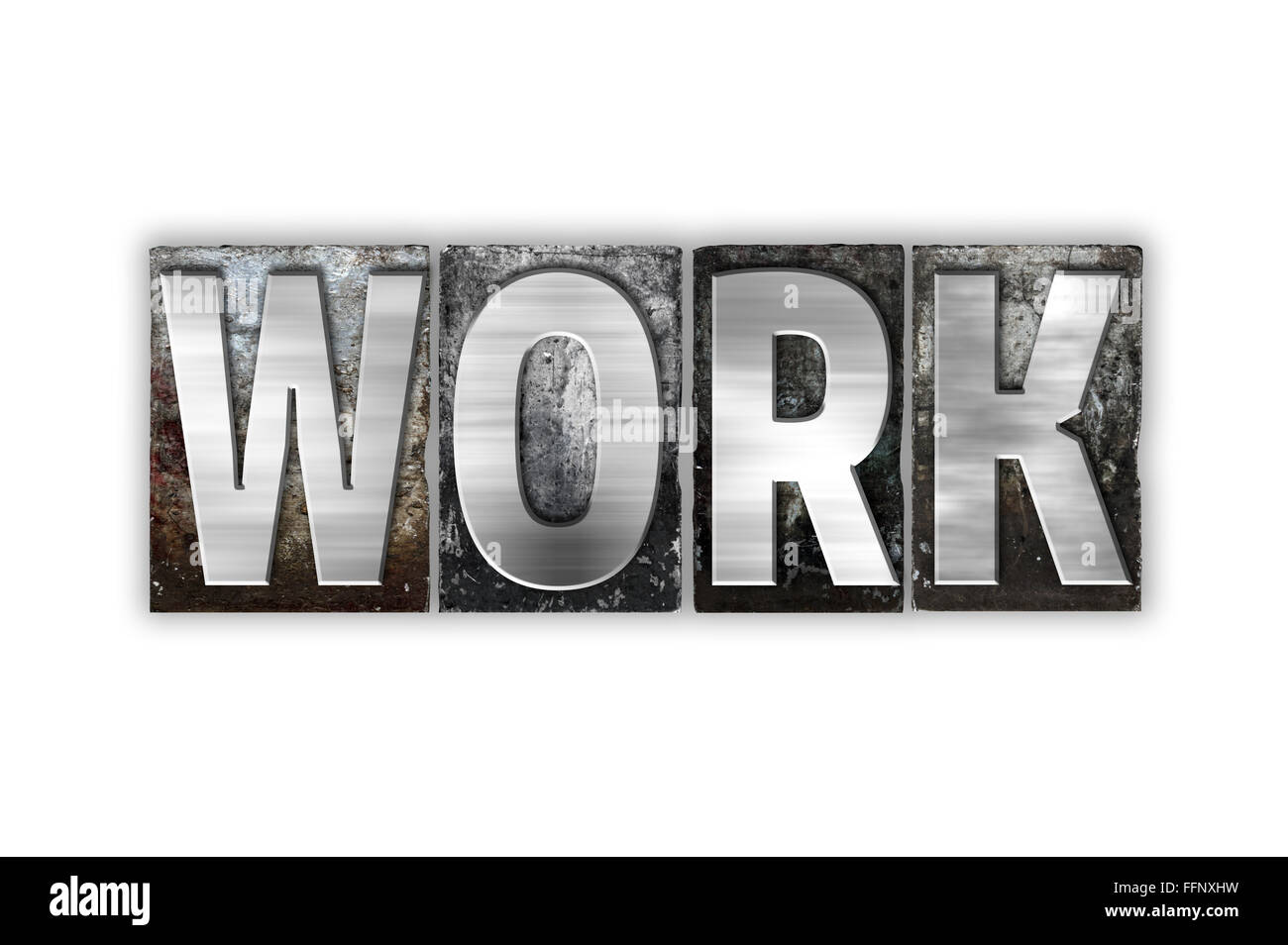 The word "Work" written in vintage metal letterpress type isolated on a ...