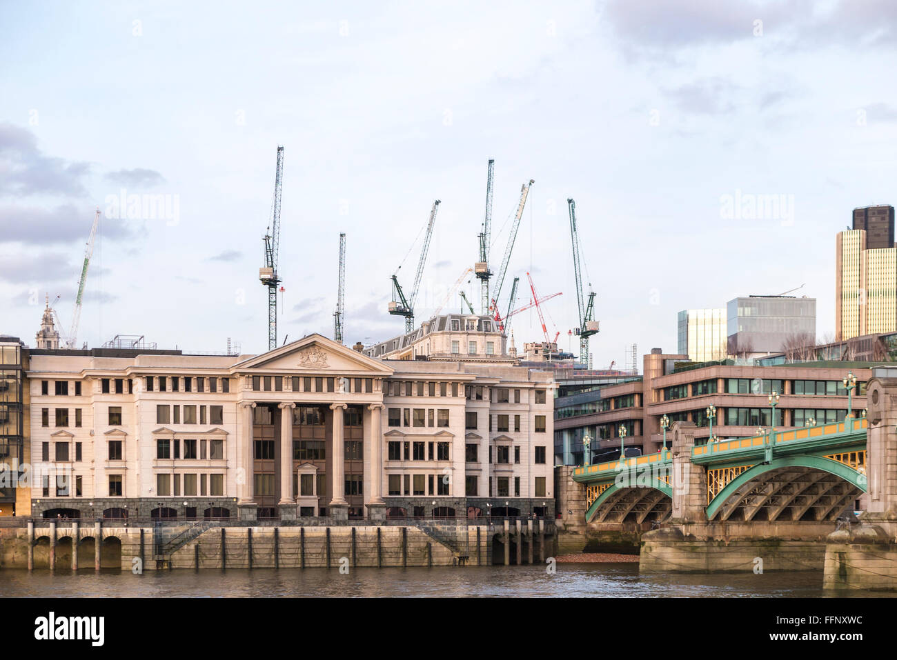 Tower cranes used in construction on the Bloomberg Place development ...