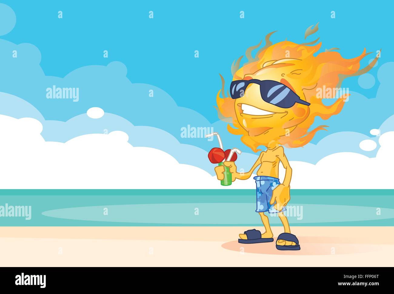 Sun Summer Boy Fire Head On Beach With Cocktail Cartoon Character Stock ...