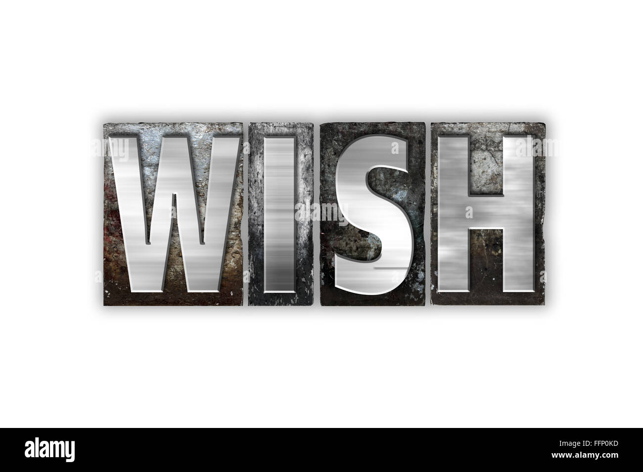 The word "Wish" written in vintage metal letterpress type isolated on a ...