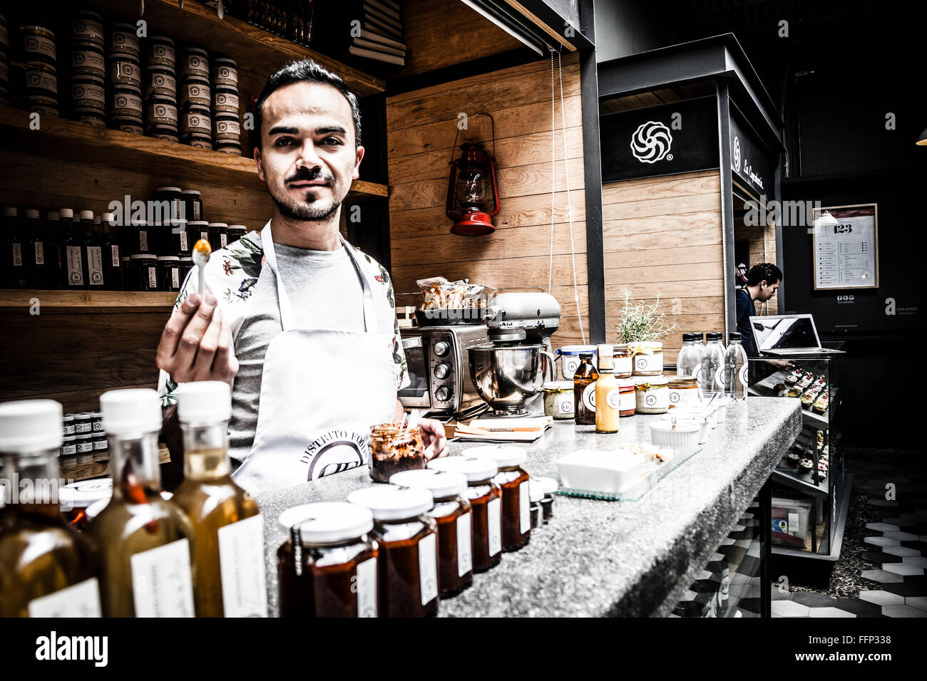 Guy selling his gourmet products at Mercado del carmen, Mexico City ...