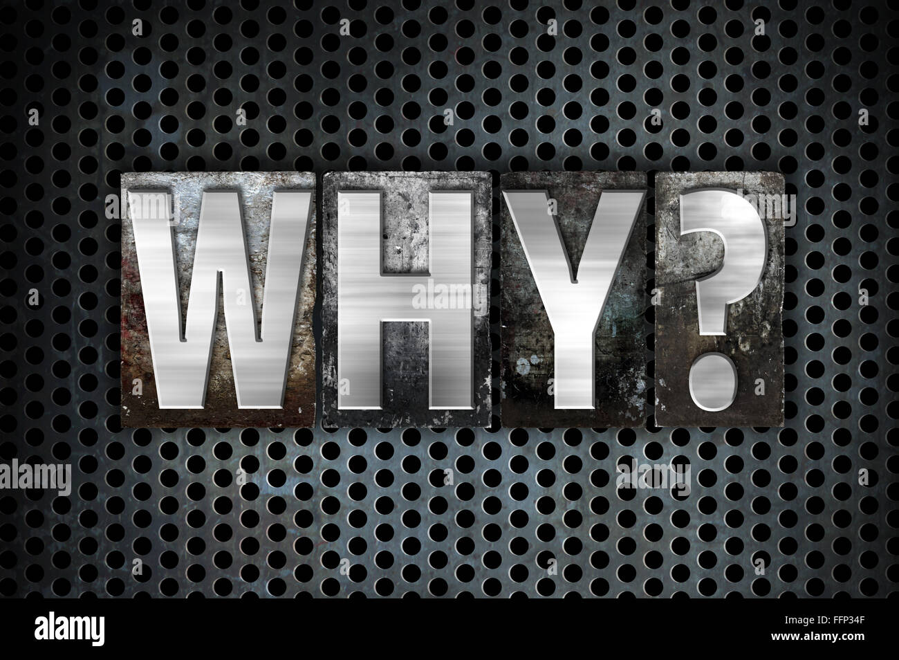 The word "Why" written in vintage metal letterpress type on a black ...