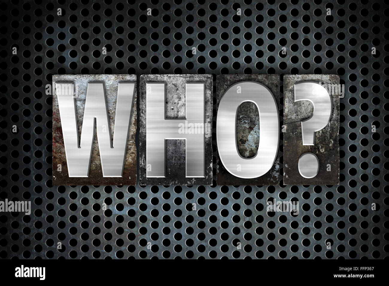 The word "Who" written in vintage metal letterpress type on a black ...