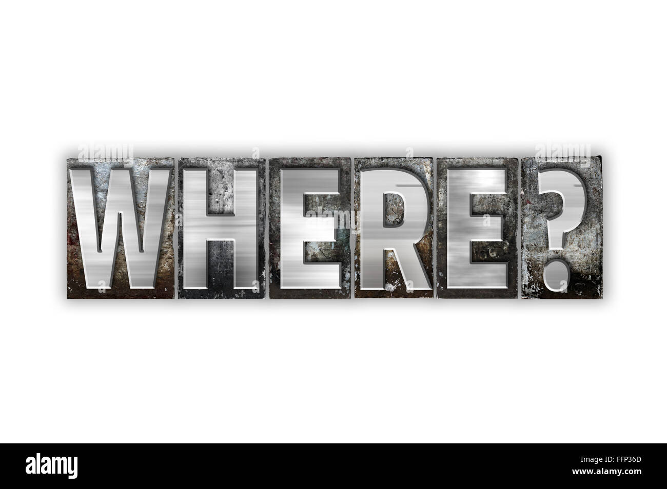The word "Where" written in vintage metal letterpress type isolated on ...
