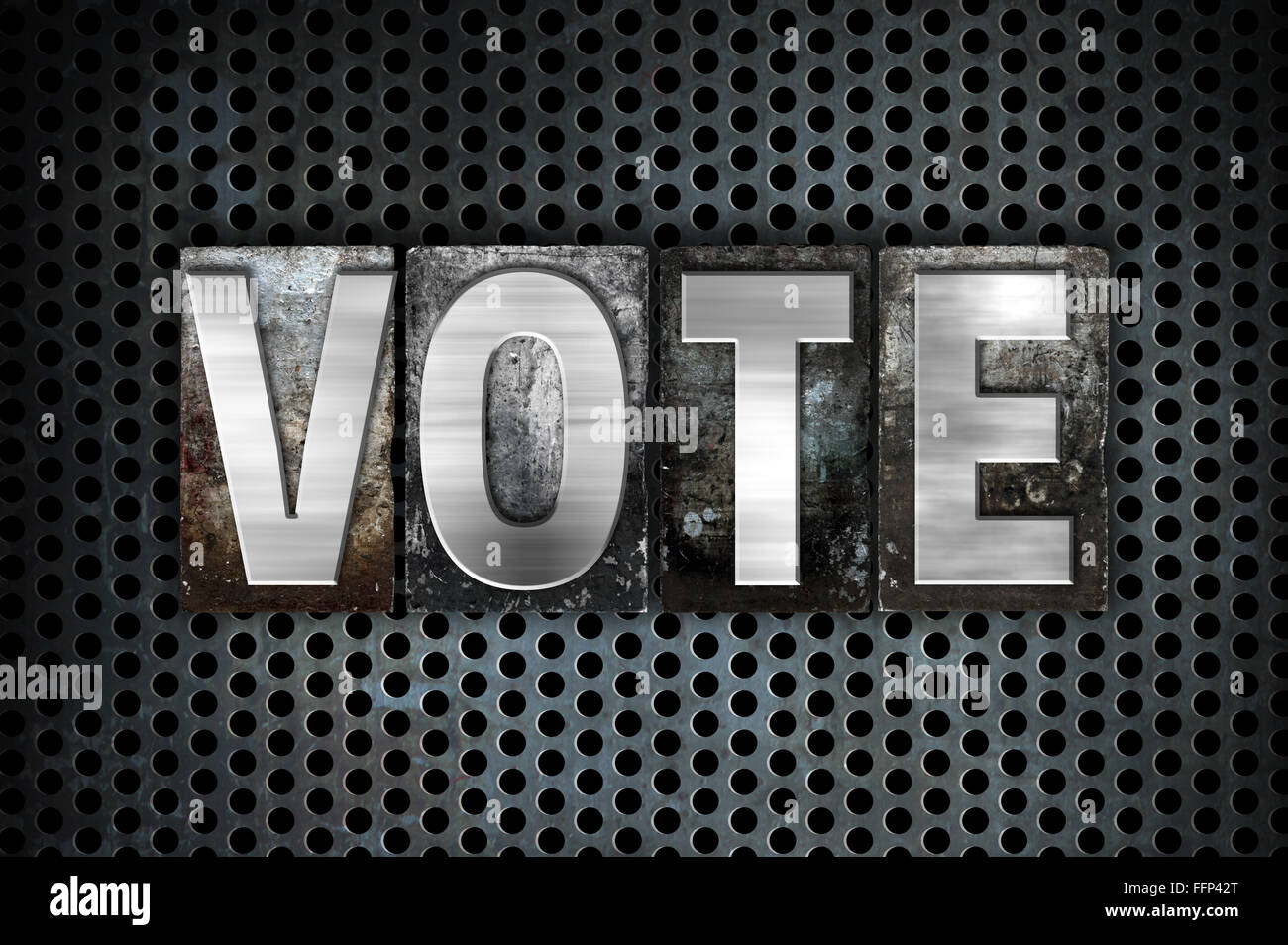 The word "Vote" written in vintage metal letterpress type on a black ...