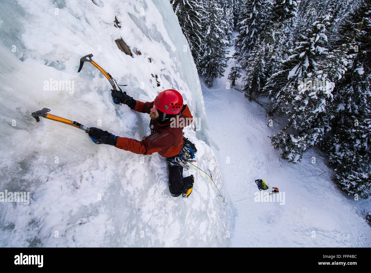 Brandon Prince climbing Genesis I area in Hyalite Canyon near Bozeman ...