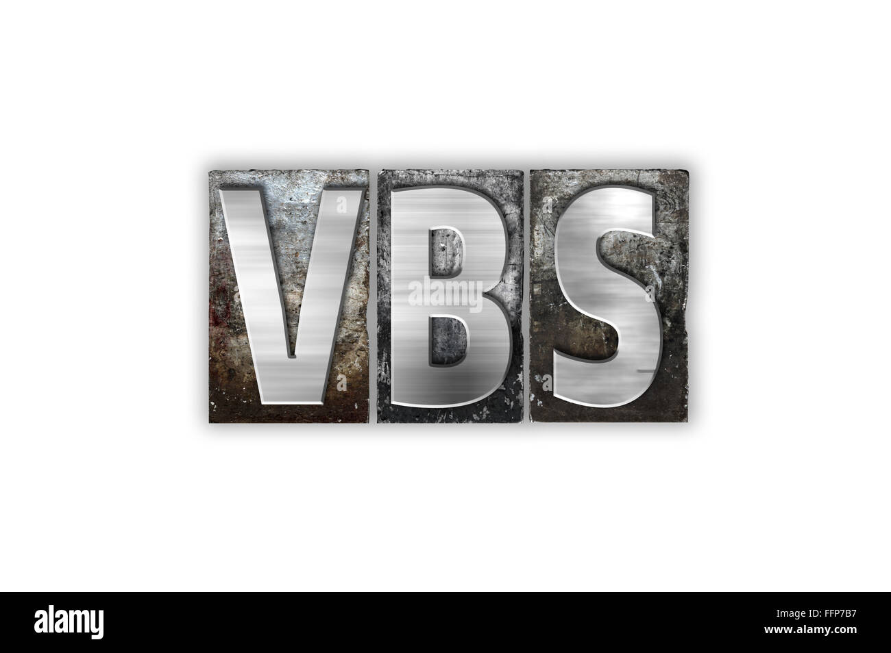 The word "VBS" written in vintage metal letterpress type isolated on a ...