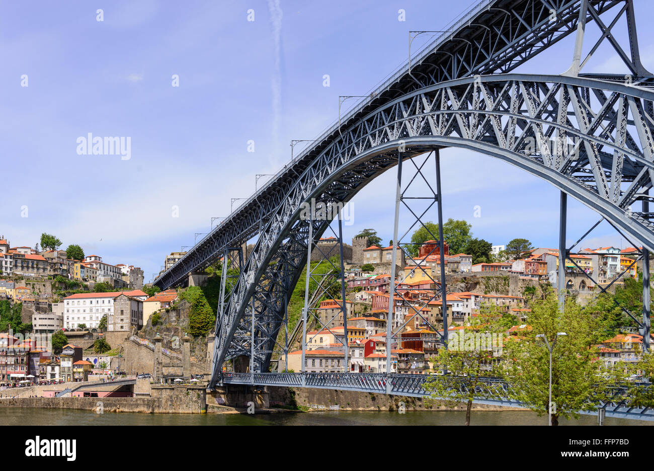 View of Porto with the famous bridge Dom Louis over the river Douro ...