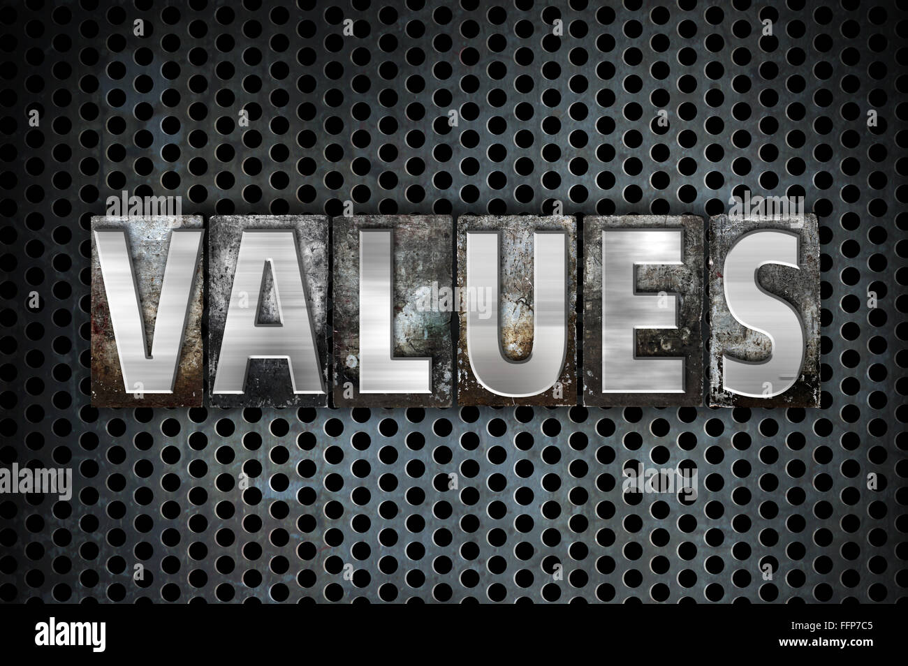 The word "Values" written in vintage metal letterpress type on a black ...