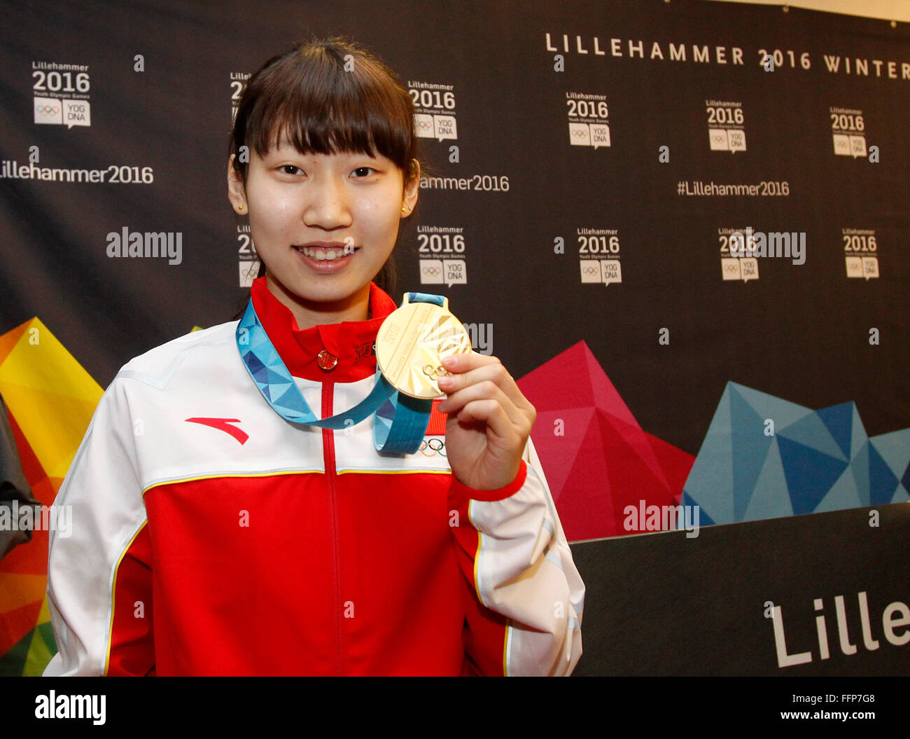 Gjovik. 16th Feb, 2016. China's Zang Yize poses with the gold medal ...