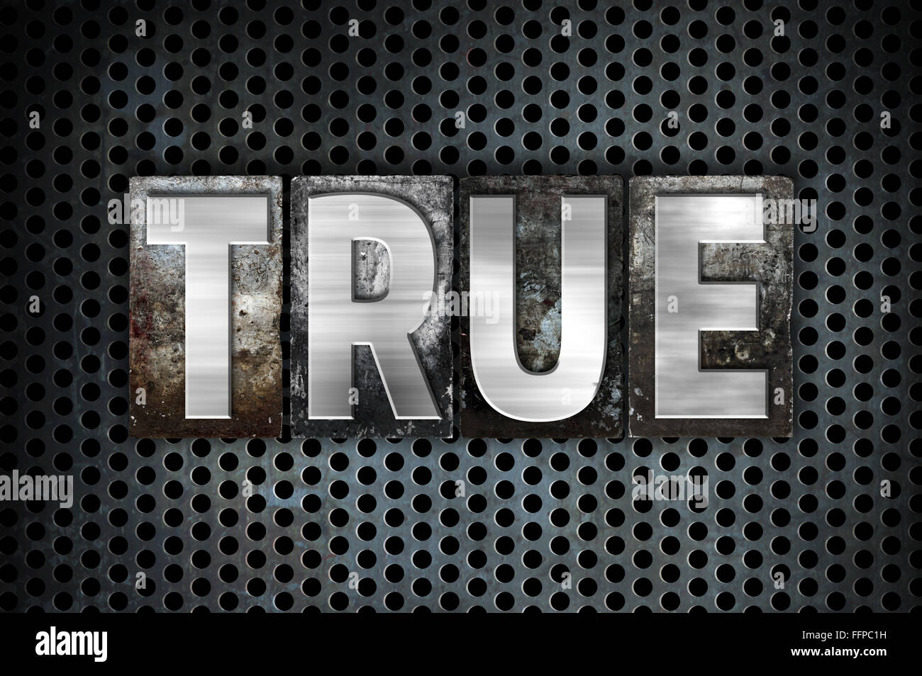 The word "True" written in vintage metal letterpress type on a black ...