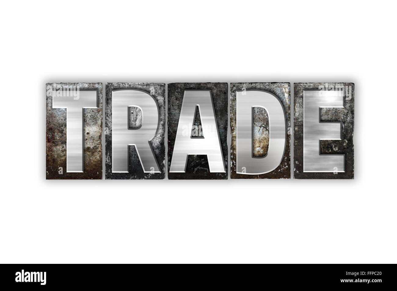 The word "Trade" written in vintage metal letterpress type isolated on ...