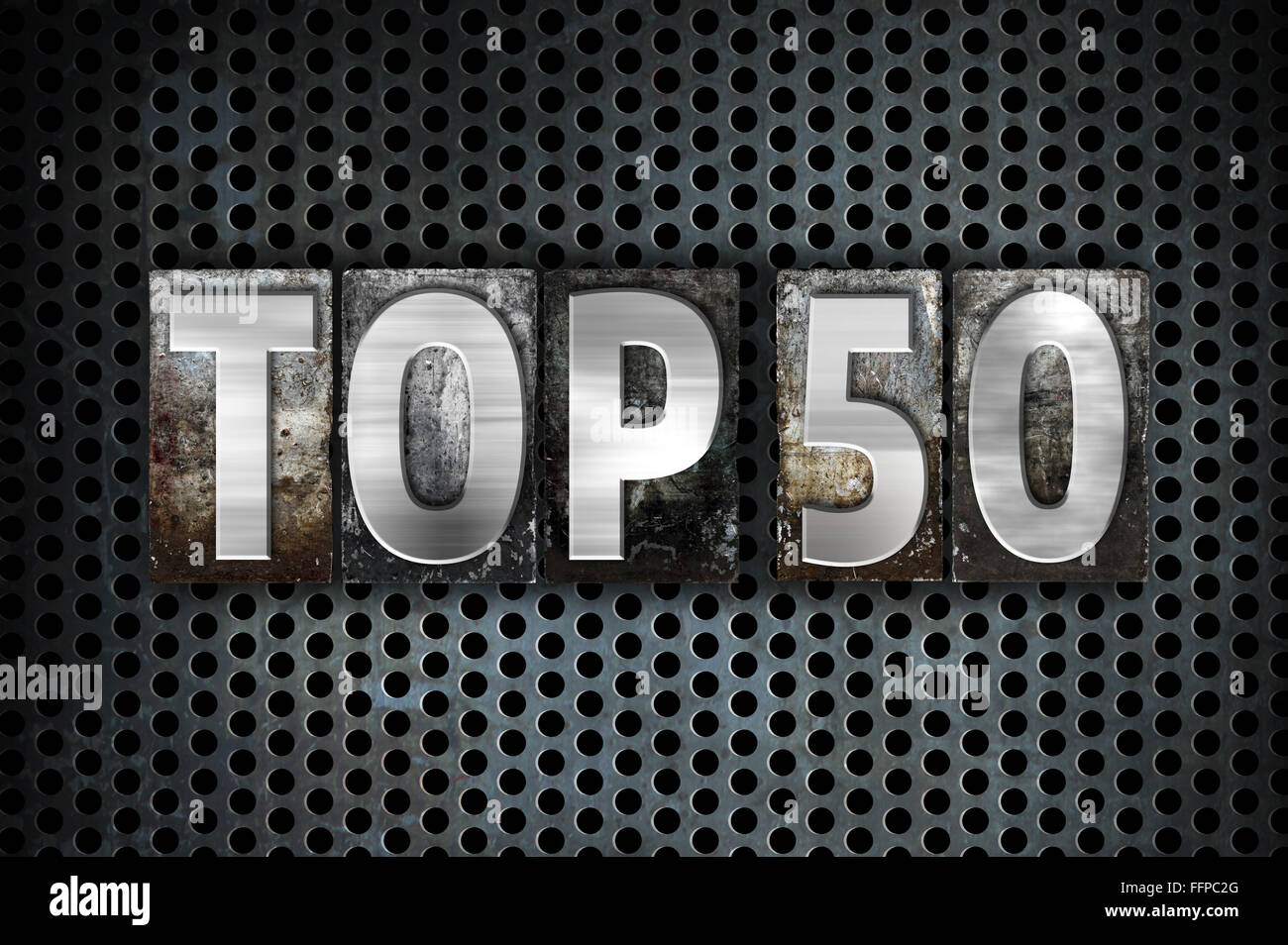 The word "Top 50" written in vintage metal letterpress type on a black ...