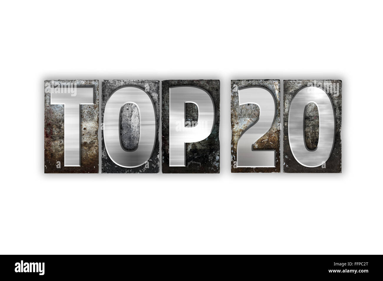 The word "Top 20" written in vintage metal letterpress type isolated on ...