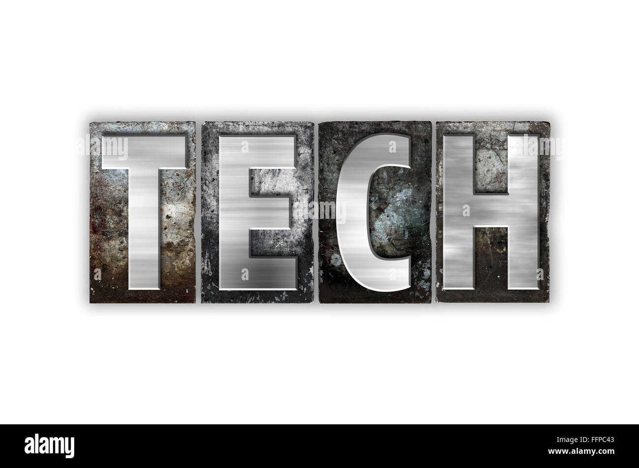 The word "Tech" written in vintage metal letterpress type isolated on a ...