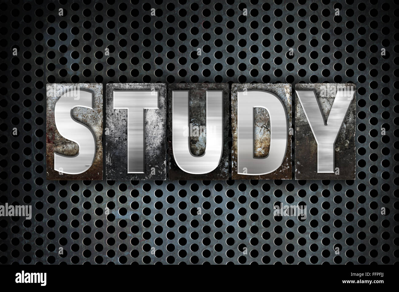 The word "Study" written in vintage metal letterpress type on a black ...