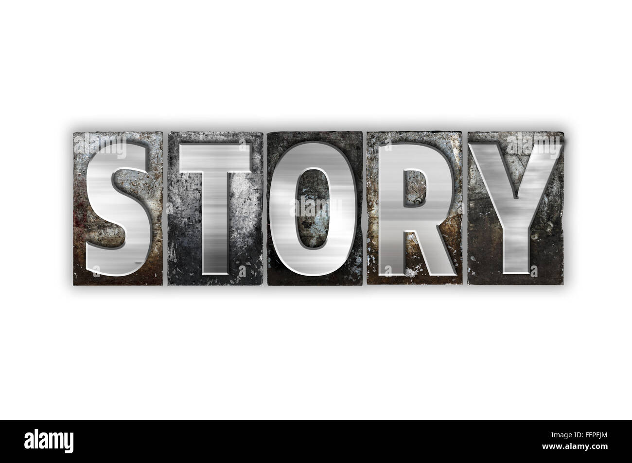 The word "Story" written in vintage metal letterpress type isolated on ...
