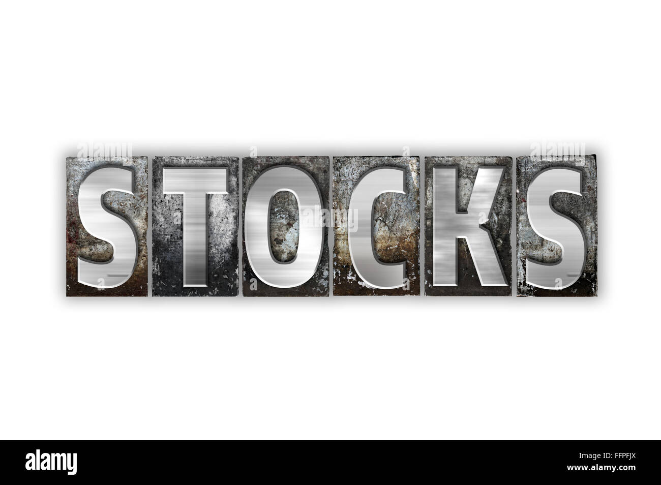 The word "Stocks" written in vintage metal letterpress type isolated on ...