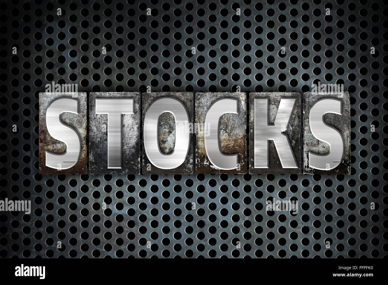 The word "Stocks" written in vintage metal letterpress type on a black ...
