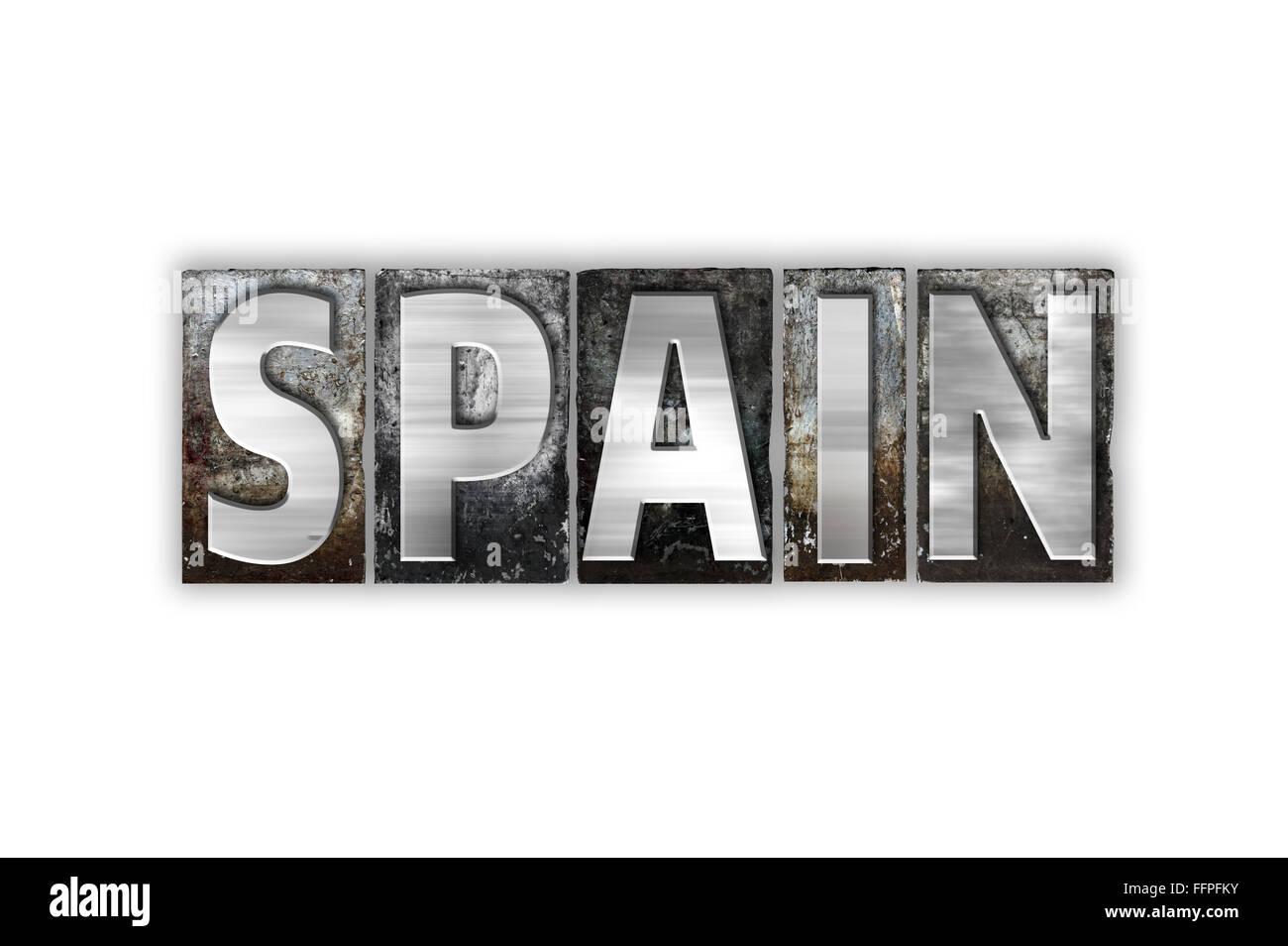 The word "Spain" written in vintage metal letterpress type isolated on ...