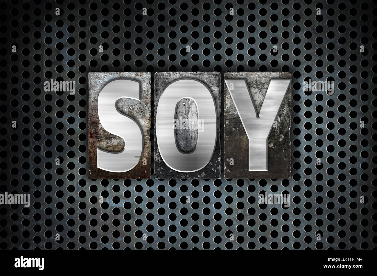 The word "Soy" written in vintage metal letterpress type on a black ...