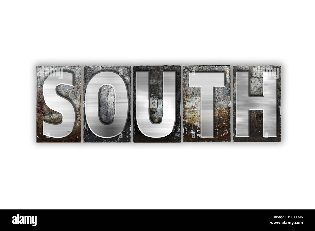The word "South" written in vintage metal letterpress type isolated on ...