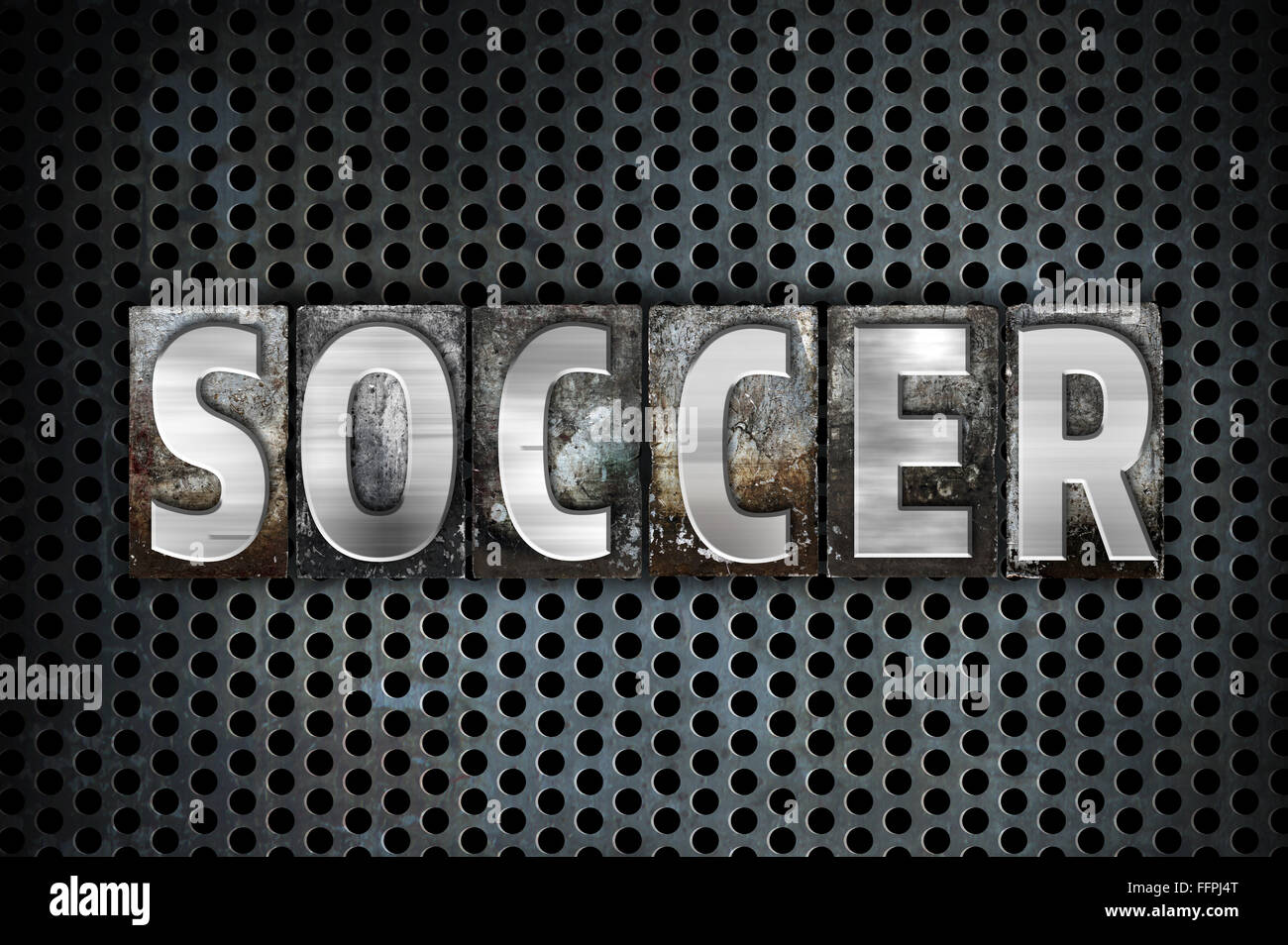 The word "Soccer" written in vintage metal letterpress type on a black ...