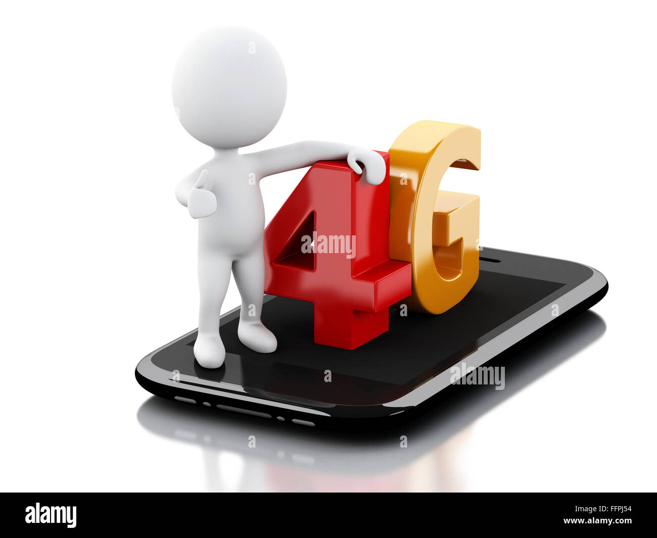3d renderer image. White peple with smart phone and 4G sign ...