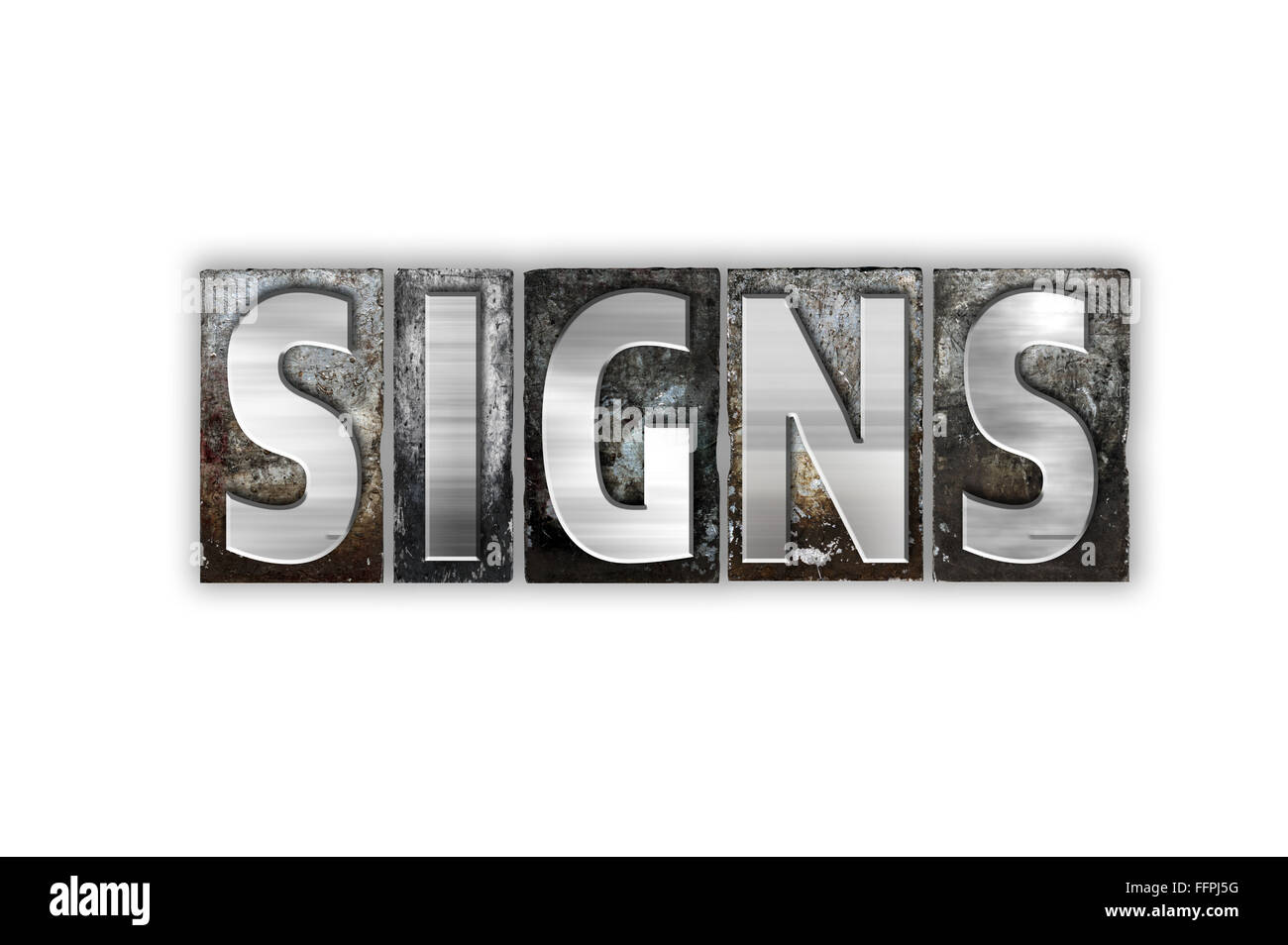 The word "Signs" written in vintage metal letterpress type isolated on ...