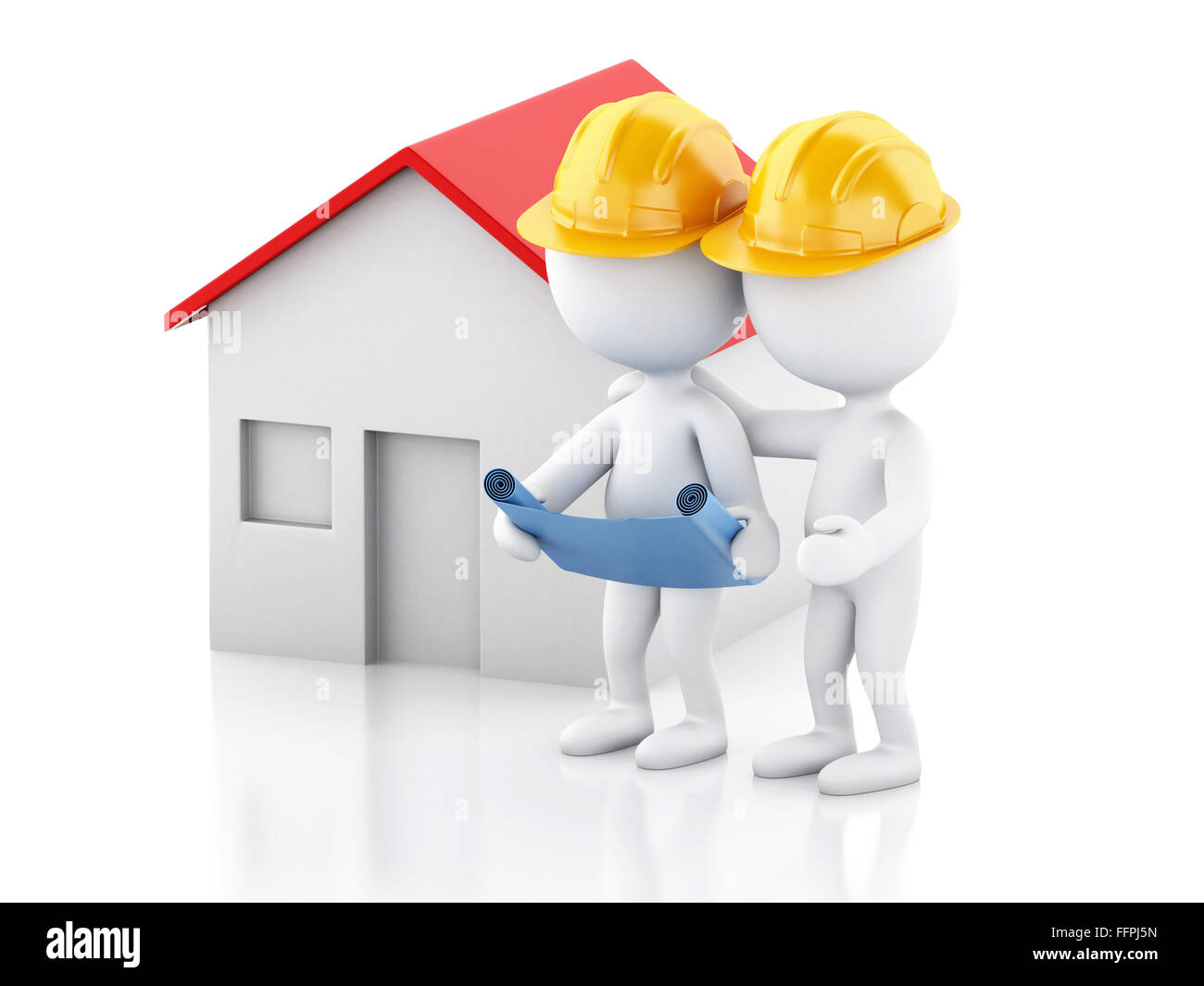 3d renderer image. Architect people with helmet, plans and house ...