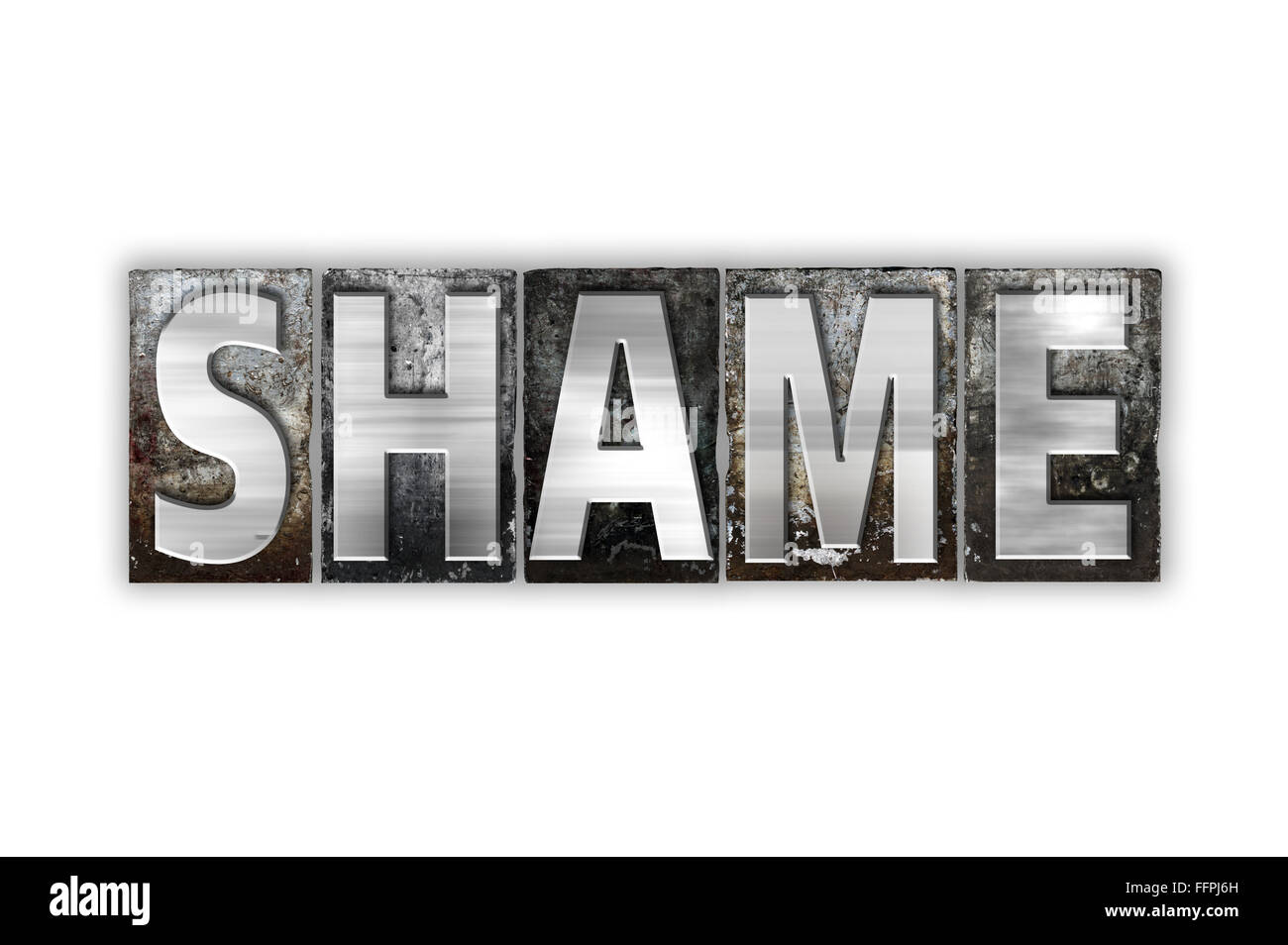 The word "Shame" written in vintage metal letterpress type isolated on ...