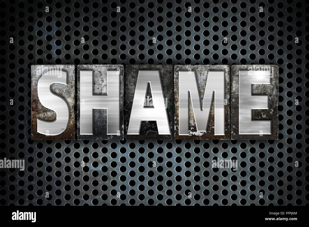 The word "Shame" written in vintage metal letterpress type on a black ...