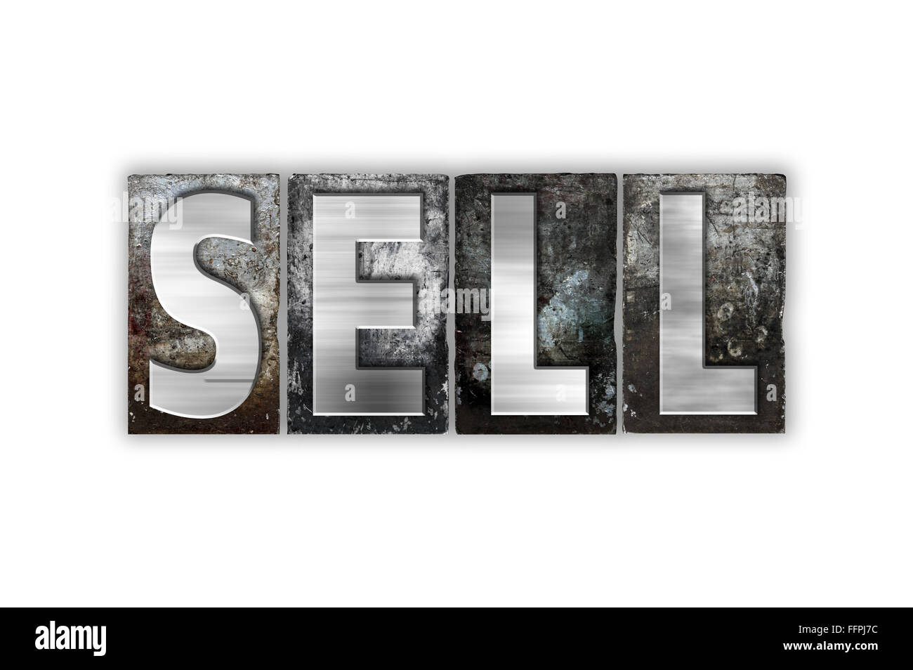 The word "Sell" written in vintage metal letterpress type isolated on a ...