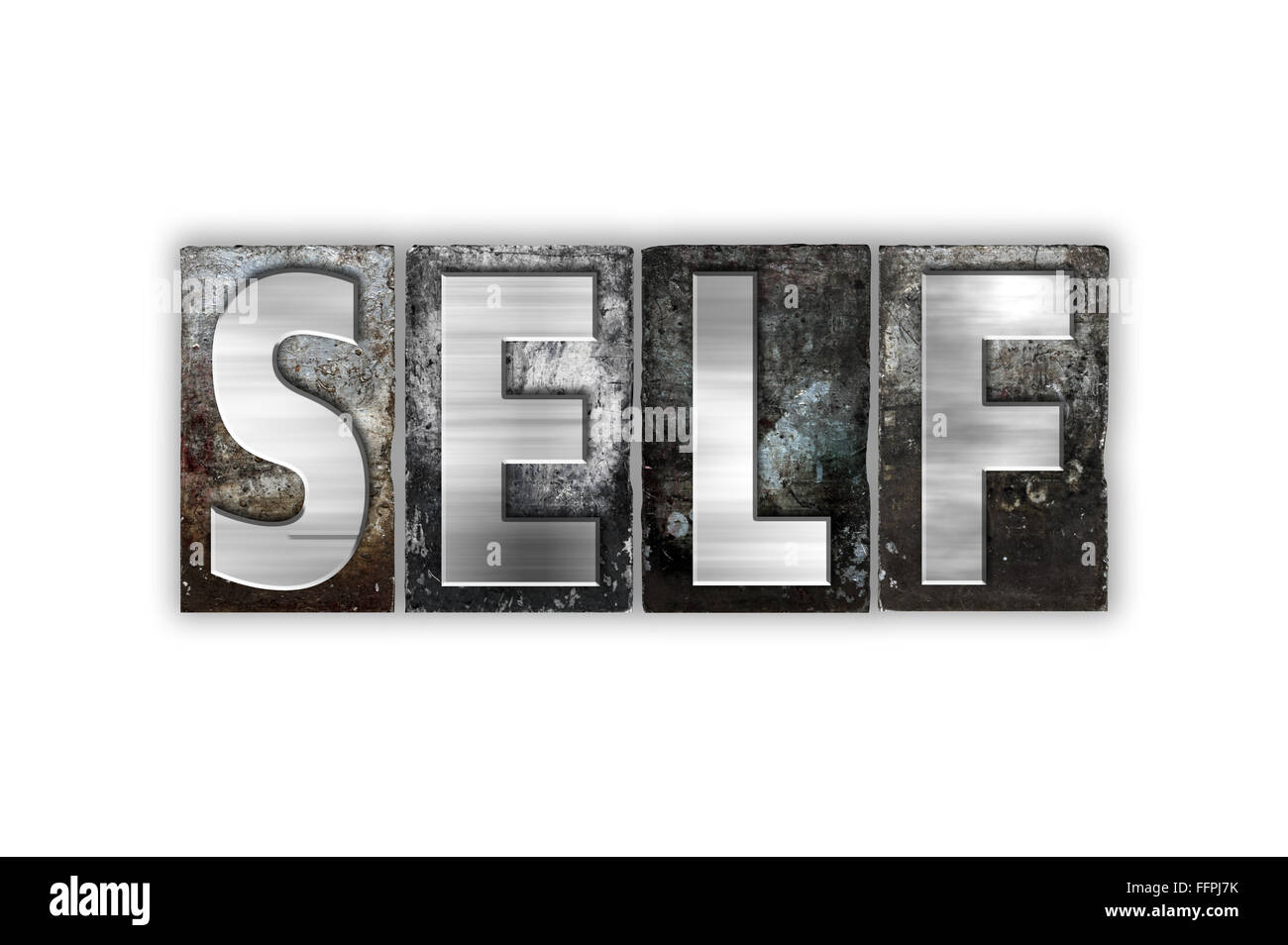 The word "Self" written in vintage metal letterpress type isolated on a ...