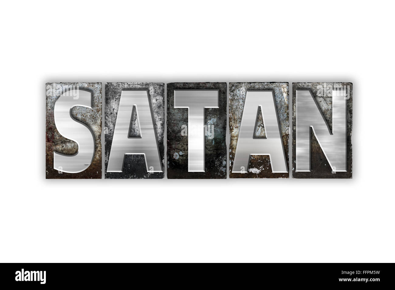The word "Satan" written in vintage metal letterpress type isolated on ...