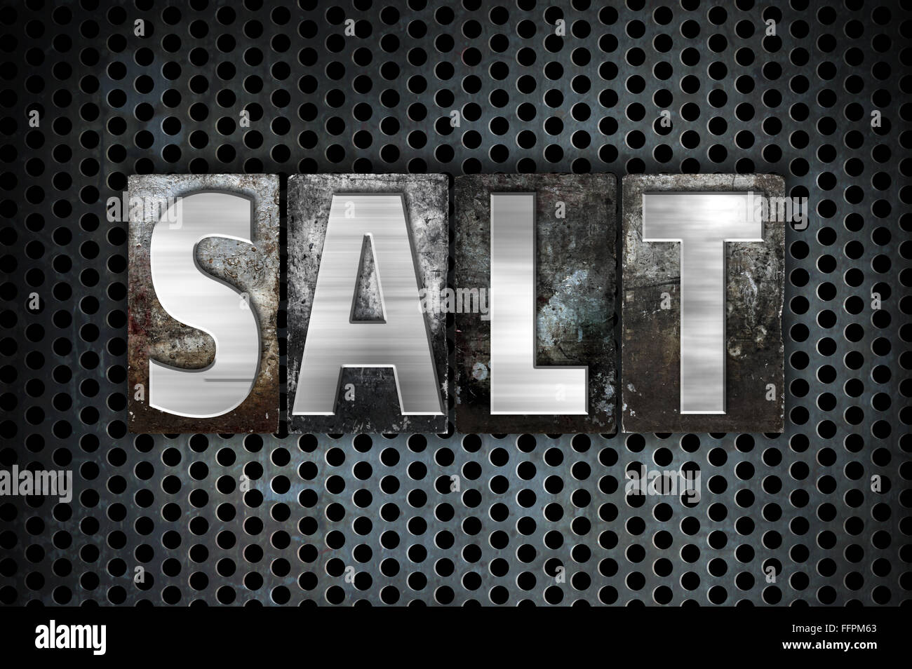The word "Salt" written in vintage metal letterpress type on a black ...